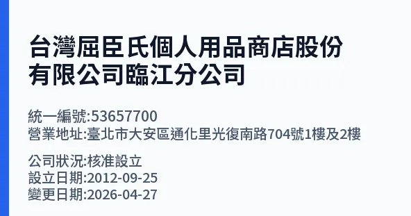 台灣屈臣氏個人用品商店股份有限公司臨江分公司的照片-統編 53657700(臺北市) 公司登記資料與營業項目詳細圖表