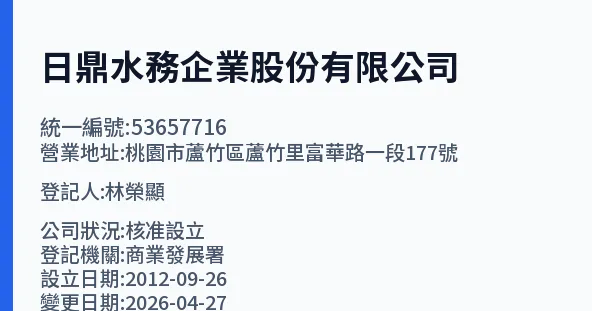 日鼎水務企業股份有限公司的照片-統編 53657716(桃園市) 公司登記資料與營業項目詳細圖表
