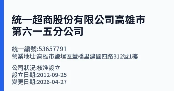 統一超商股份有限公司高雄市第六一五分公司的照片-統編 53657791(高雄市) 公司登記資料與營業項目詳細圖表