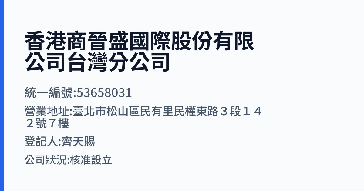 香港商晉盛國際股份有限公司台灣分公司 - 統編 53658031(臺北市) 公司登記資料與營業項目詳細圖表