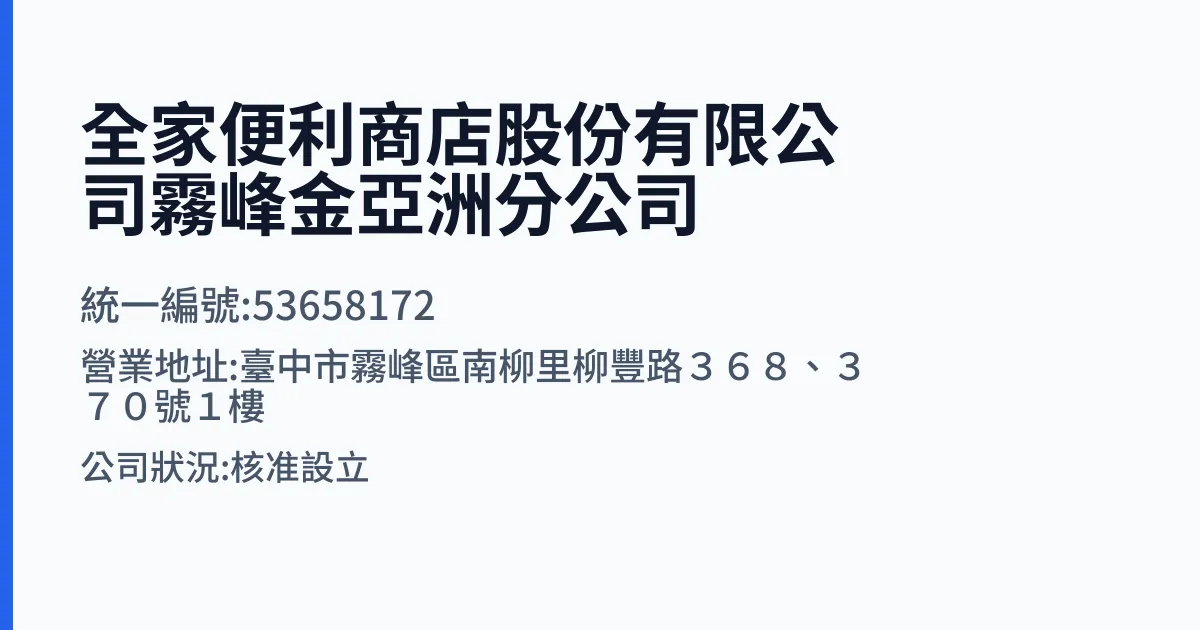全家便利商店股份有限公司霧峰金亞洲分公司 - 統編 53658172(臺中市) 公司登記資料與營業項目詳細圖表