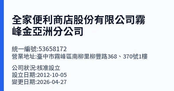 全家便利商店股份有限公司霧峰金亞洲分公司的照片-統編 53658172(臺中市) 公司登記資料與營業項目詳細圖表
