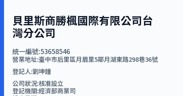 貝里斯商勝楓國際有限公司台灣分公司的照片-統編 53658546(臺中市) 公司登記資料與營業項目詳細圖表