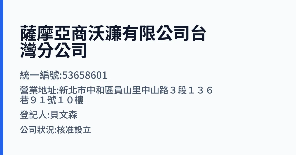 薩摩亞商沃濂有限公司台灣分公司 - 統編 53658601(新北市) 公司登記資料與營業項目詳細圖表