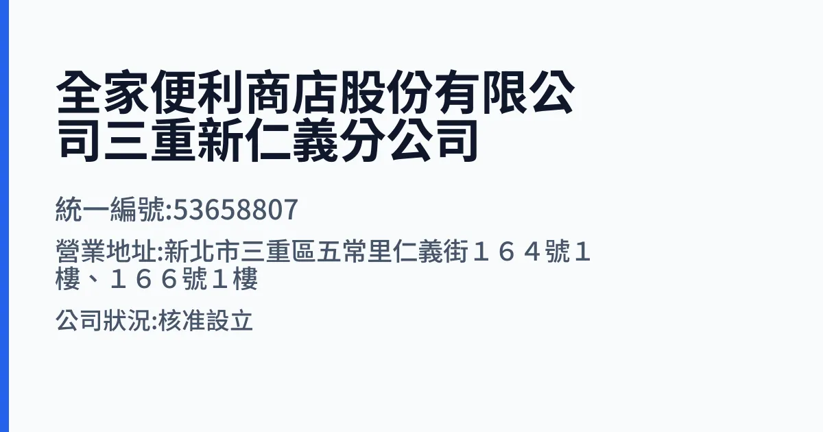全家便利商店股份有限公司三重新仁義分公司 - 統編 53658807(新北市) 公司登記資料與營業項目詳細圖表
