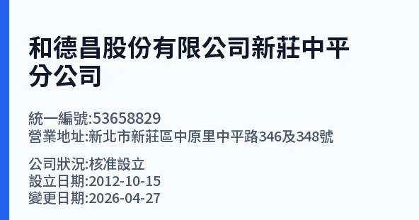 和德昌股份有限公司新莊中平分公司的照片-統編 53658829(新北市) 公司登記資料與營業項目詳細圖表