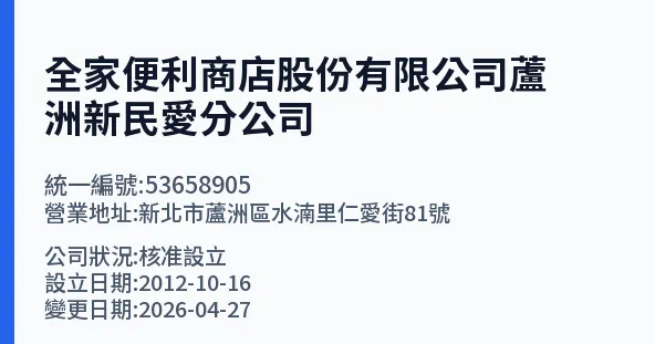 全家便利商店股份有限公司蘆洲新民愛分公司的照片-統編 53658905(新北市) 公司登記資料與營業項目詳細圖表