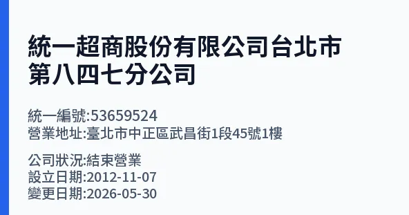 統一超商股份有限公司台北市第八四七分公司的照片-統編 53659524(臺北市) 公司登記資料與營業項目詳細圖表