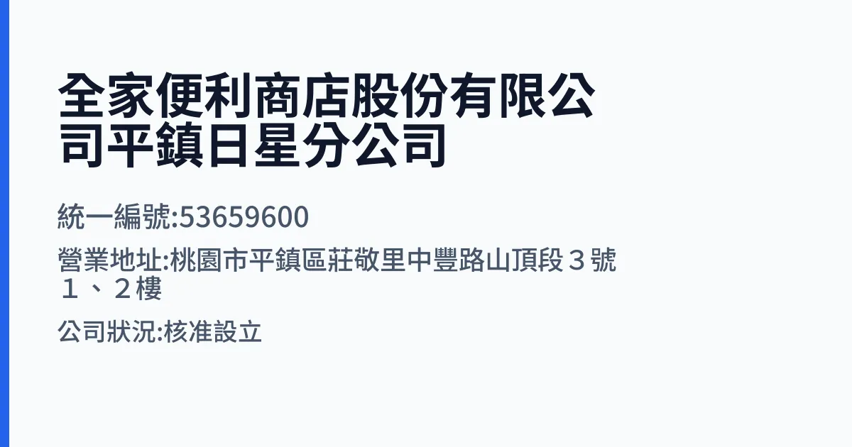 全家便利商店股份有限公司平鎮日星分公司 - 統編 53659600(桃園市) 公司登記資料與營業項目詳細圖表