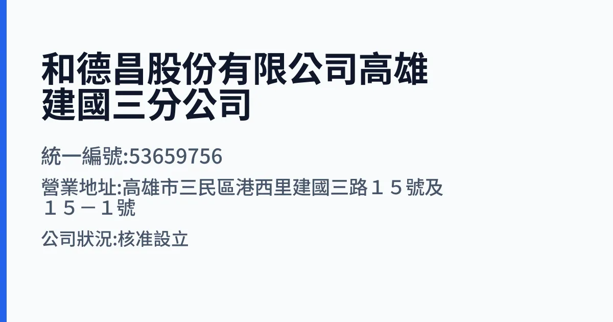和德昌股份有限公司高雄建國三分公司 - 統編 53659756(高雄市) 公司登記資料與營業項目詳細圖表