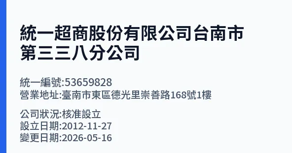 統一超商股份有限公司台南市第三三八分公司的照片-統編 53659828(臺南市) 公司登記資料與營業項目詳細圖表