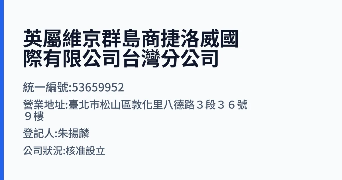 英屬維京群島商捷洛威國際有限公司台灣分公司 - 統編 53659952(臺北市) 公司登記資料與營業項目詳細圖表