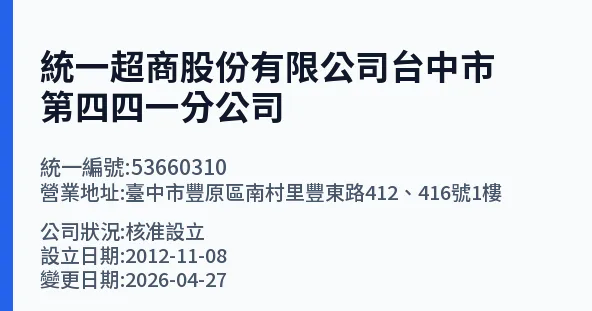 統一超商股份有限公司台中市第四四一分公司的照片-統編 53660310(臺中市) 公司登記資料與營業項目詳細圖表