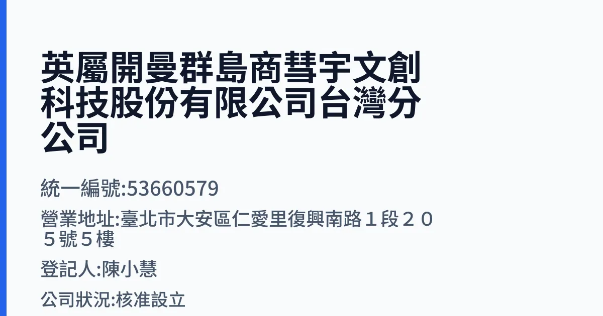 英屬開曼群島商彗宇文創科技股份有限公司台灣分公司 - 統編 53660579(臺北市) 公司登記資料與營業項目詳細圖表