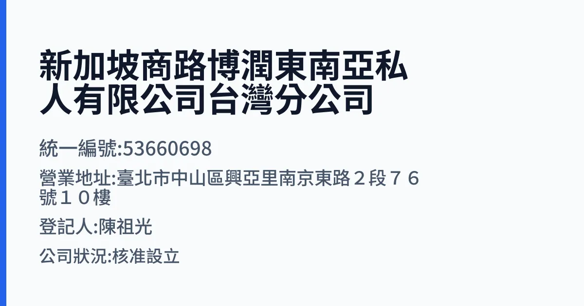 新加坡商路博潤東南亞私人有限公司台灣分公司 - 統編 53660698(臺北市) 公司登記資料與營業項目詳細圖表
