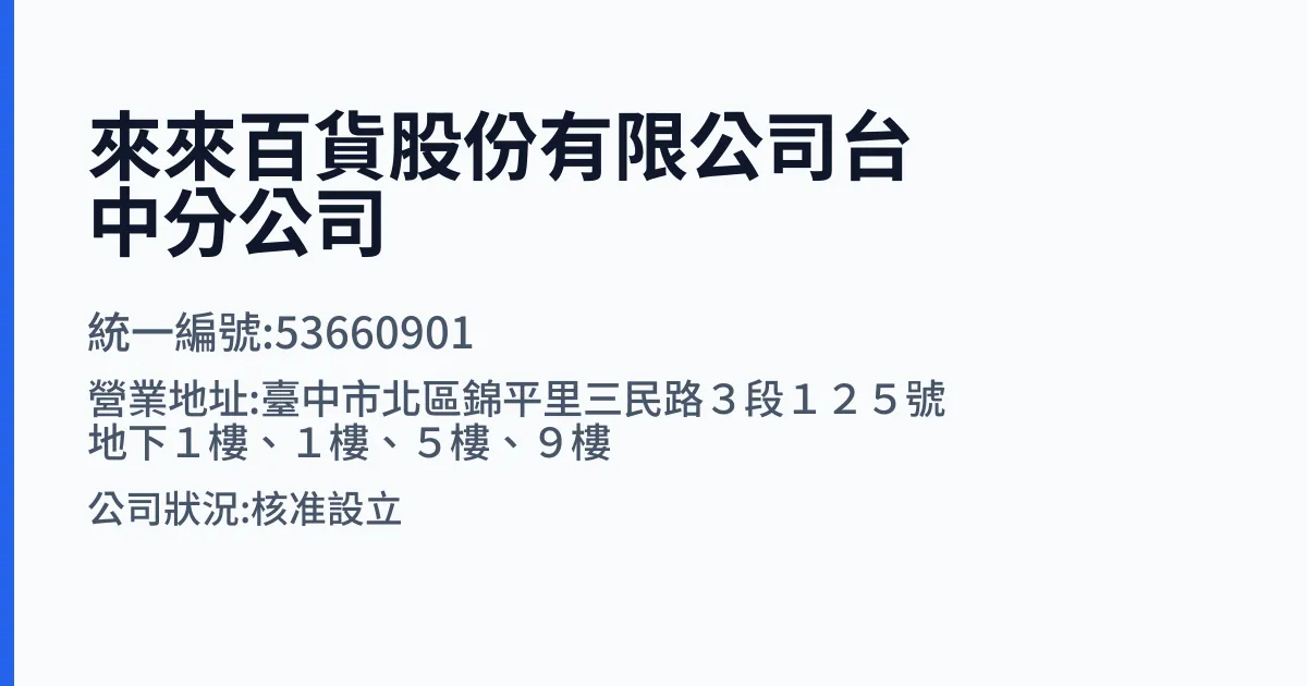 來來百貨股份有限公司台中分公司 - 統編 53660901(臺中市) 公司登記資料與營業項目詳細圖表