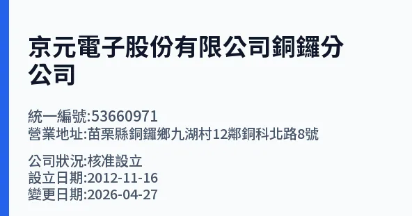 京元電子股份有限公司銅鑼分公司的照片-統編 53660971(苗栗縣) 公司登記資料與營業項目詳細圖表