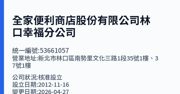 全家便利商店股份有限公司林口幸福分公司的照片-統編 53661057(新北市) 公司登記資料與營業項目詳細圖表
