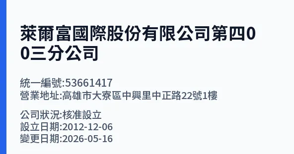 萊爾富國際股份有限公司第四00三分公司的照片-統編 53661417(高雄市) 公司登記資料與營業項目詳細圖表
