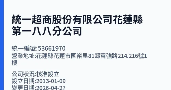 統一超商股份有限公司花蓮縣第一八八分公司的照片-統編 53661970(花蓮縣) 公司登記資料與營業項目詳細圖表