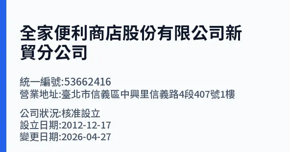 全家便利商店股份有限公司新貿分公司的照片-統編 53662416(臺北市) 公司登記資料與營業項目詳細圖表