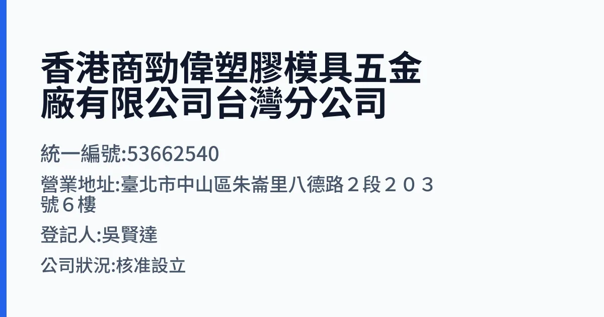 香港商勁偉塑膠模具五金廠有限公司台灣分公司 - 統編 53662540(臺北市) 公司登記資料與營業項目詳細圖表