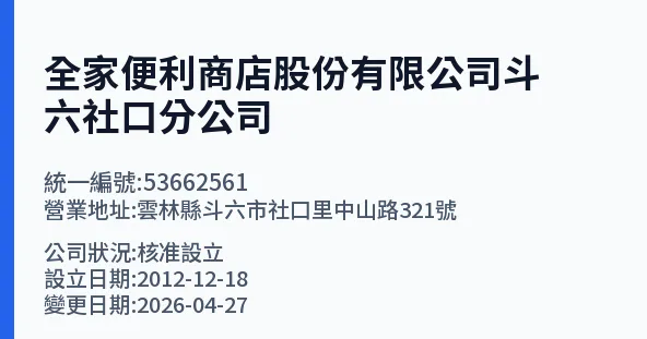 全家便利商店股份有限公司斗六社口分公司的照片-統編 53662561(雲林縣) 公司登記資料與營業項目詳細圖表