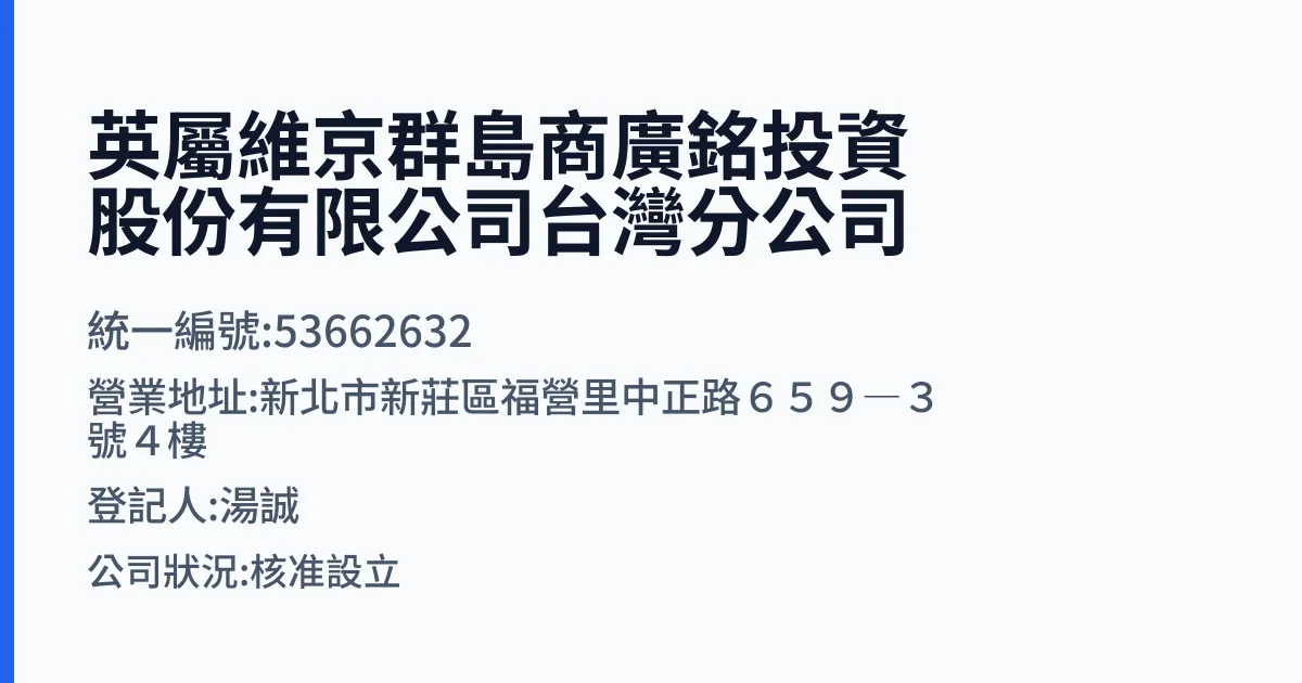 英屬維京群島商廣銘投資股份有限公司台灣分公司 - 統編 53662632(新北市) 公司登記資料與營業項目詳細圖表