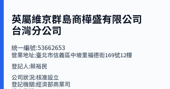 英屬維京群島商樺盛有限公司台灣分公司的照片-統編 53662653(臺北市) 公司登記資料與營業項目詳細圖表