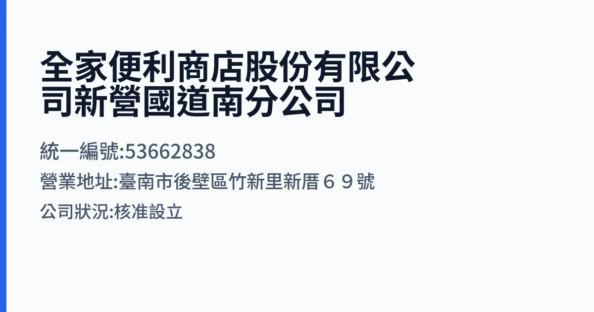 全家便利商店股份有限公司新營國道南分公司 - 統編 53662838(臺南市) 公司登記資料與營業項目詳細圖表