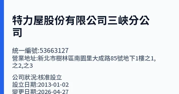 特力屋股份有限公司三峽分公司的照片-統編 53663127(新北市) 公司登記資料與營業項目詳細圖表