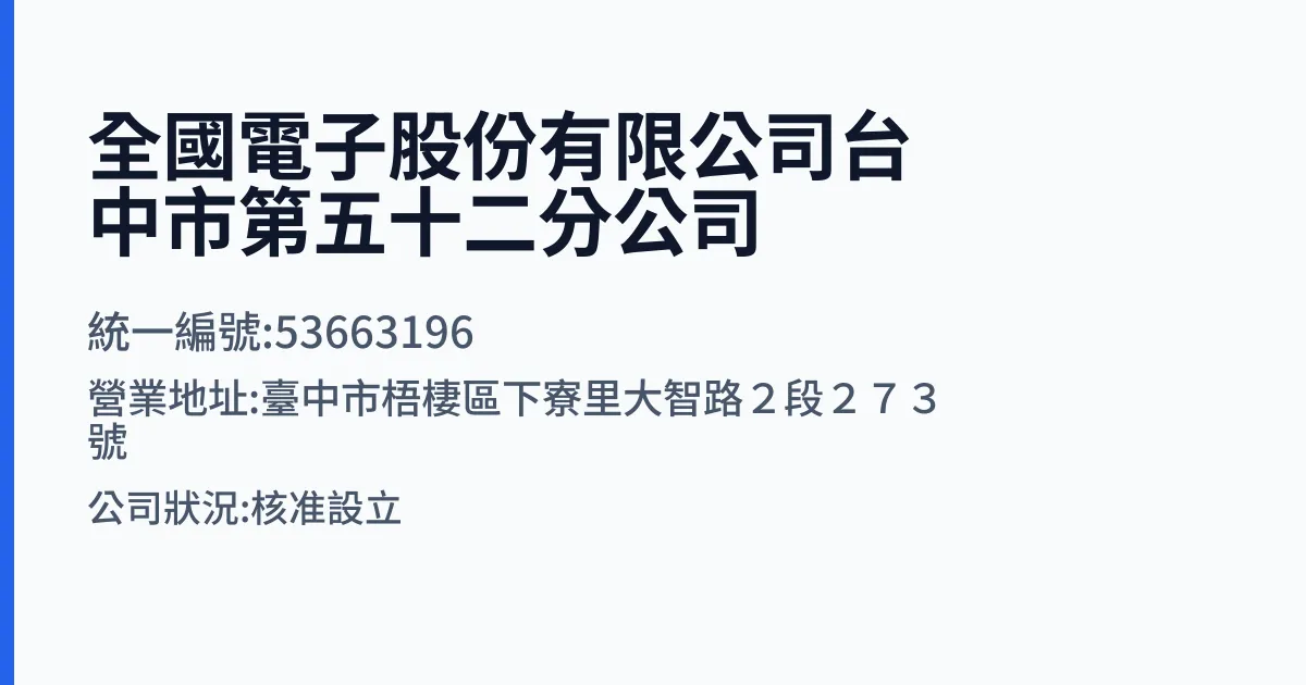 全國電子股份有限公司台中市第五十二分公司 - 統編 53663196(臺中市) 公司登記資料與營業項目詳細圖表