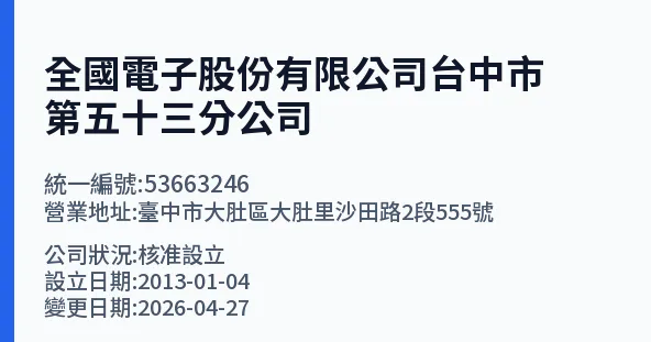 全國電子股份有限公司台中市第五十三分公司的照片-統編 53663246(臺中市) 公司登記資料與營業項目詳細圖表