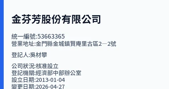 金芬芳股份有限公司的照片-統編 53663365(金門縣) 公司登記資料與營業項目詳細圖表