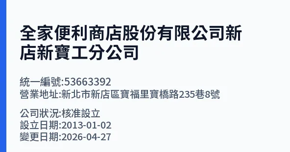 全家便利商店股份有限公司新店新寶工分公司的照片-統編 53663392(新北市) 公司登記資料與營業項目詳細圖表