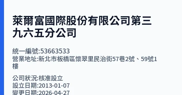 萊爾富國際股份有限公司第三九六五分公司的照片-統編 53663533(新北市) 公司登記資料與營業項目詳細圖表