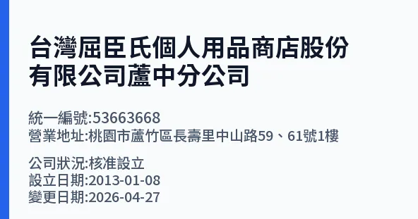 台灣屈臣氏個人用品商店股份有限公司蘆中分公司的照片-統編 53663668(桃園市) 公司登記資料與營業項目詳細圖表