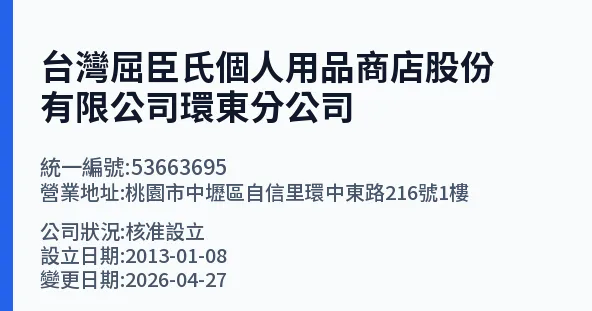 台灣屈臣氏個人用品商店股份有限公司環東分公司的照片-統編 53663695(桃園市) 公司登記資料與營業項目詳細圖表