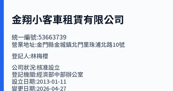 金翔小客車租賃有限公司的照片-統編 53663739(金門縣) 公司登記資料與營業項目詳細圖表