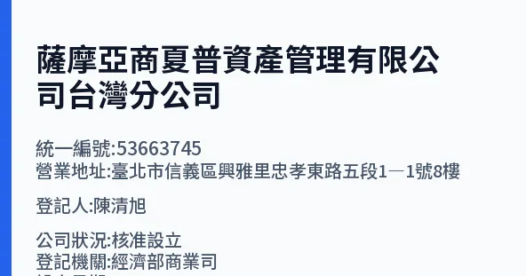 薩摩亞商夏普資產管理有限公司台灣分公司的照片-統編 53663745(臺北市) 公司登記資料與營業項目詳細圖表