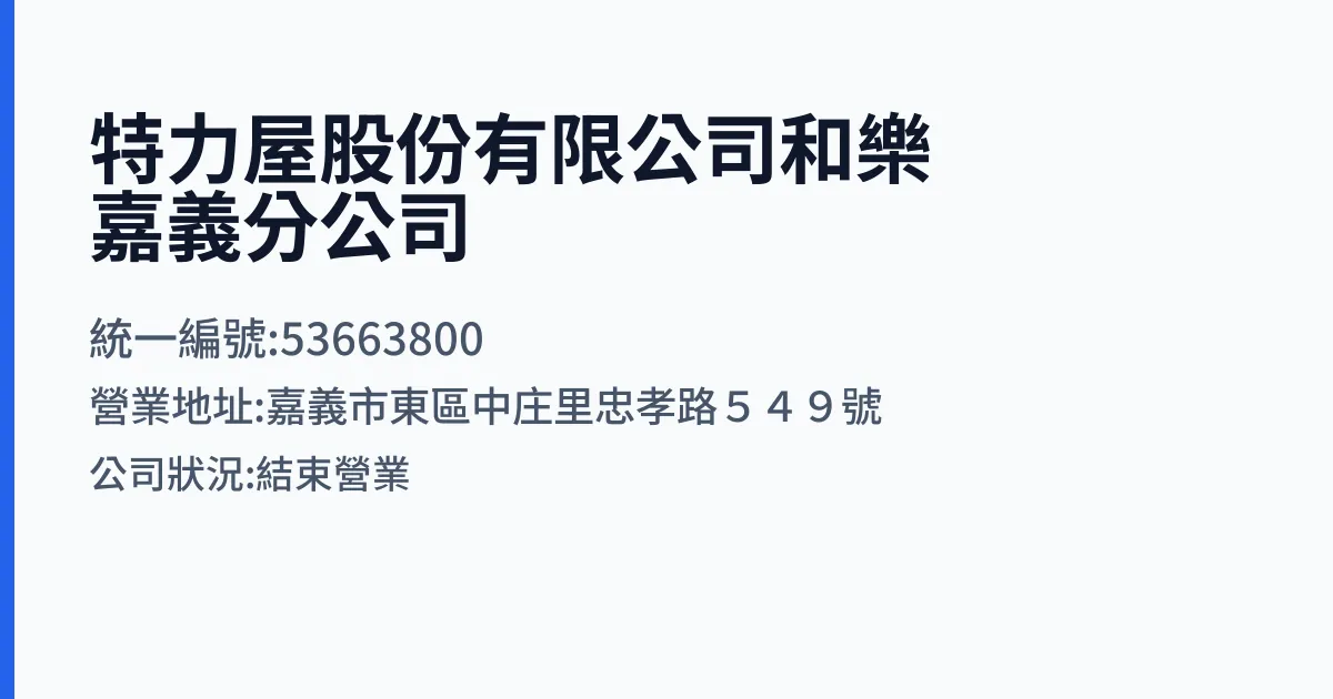 特力屋股份有限公司和樂嘉義分公司 - 統編 53663800(嘉義市) 公司登記資料與營業項目詳細圖表
