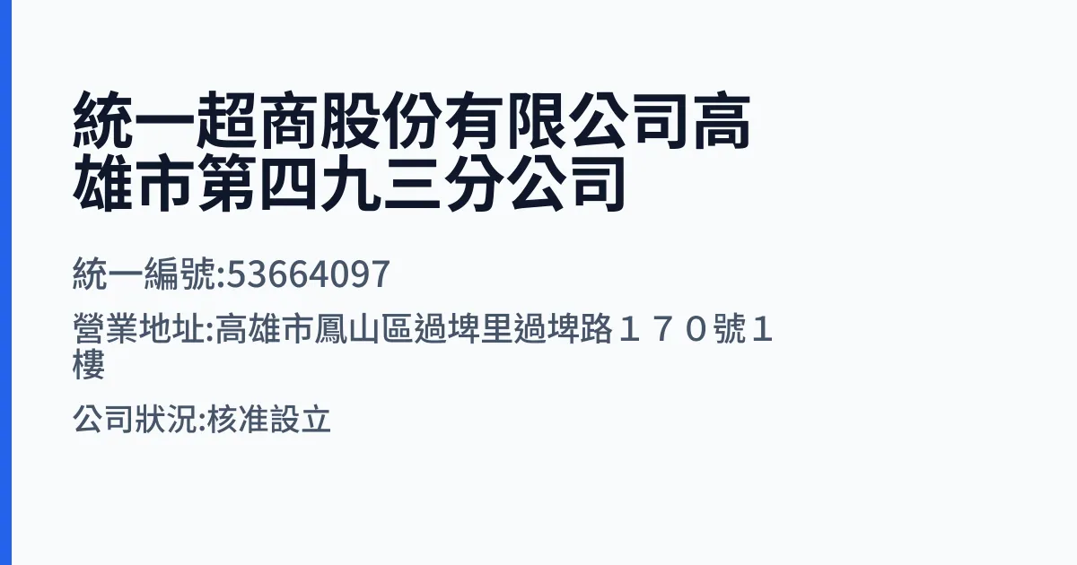 統一超商股份有限公司高雄市第四九三分公司 - 統編 53664097(高雄市) 公司登記資料與營業項目詳細圖表