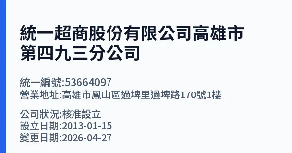 統一超商股份有限公司高雄市第四九三分公司的照片-統編 53664097(高雄市) 公司登記資料與營業項目詳細圖表