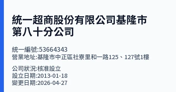 統一超商股份有限公司基隆市第八十分公司的照片-統編 53664343(基隆市) 公司登記資料與營業項目詳細圖表