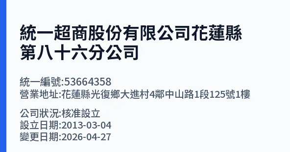 統一超商股份有限公司花蓮縣第八十六分公司的照片-統編 53664358(花蓮縣) 公司登記資料與營業項目詳細圖表