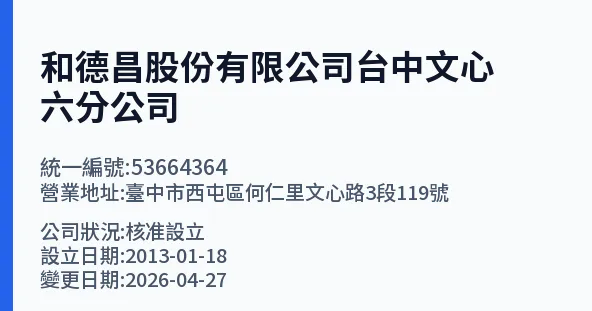 和德昌股份有限公司台中文心六分公司的照片-統編 53664364(臺中市) 公司登記資料與營業項目詳細圖表