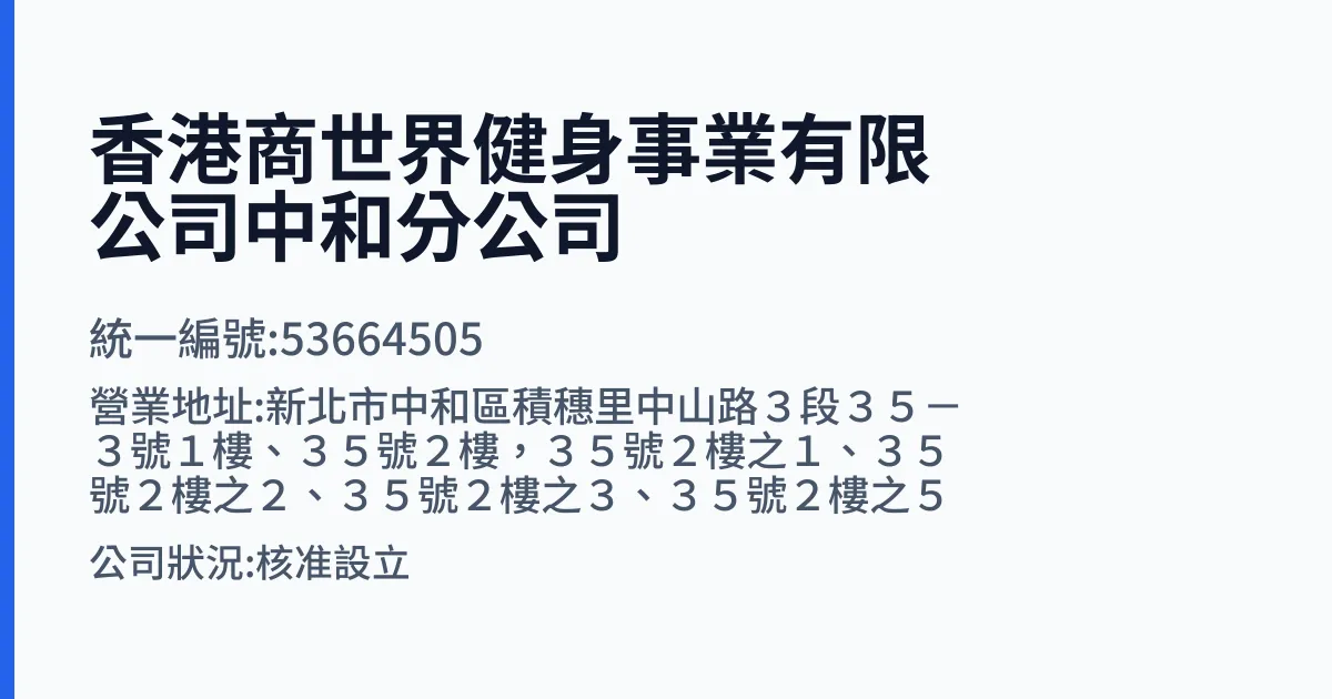 香港商世界健身事業有限公司中和分公司 - 統編 53664505(新北市) 公司登記資料與營業項目詳細圖表
