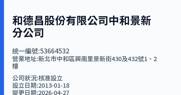 和德昌股份有限公司中和景新分公司的照片-統編 53664532(新北市) 公司登記資料與營業項目詳細圖表