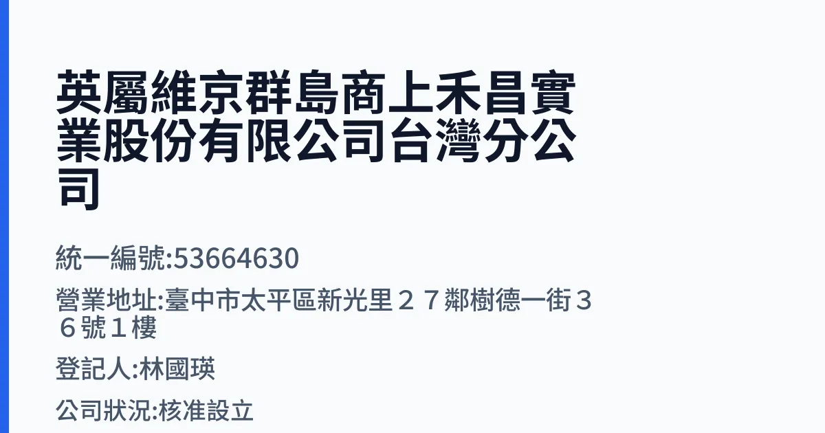 英屬維京群島商上禾昌實業股份有限公司台灣分公司 - 統編 53664630(臺中市) 公司登記資料與營業項目詳細圖表