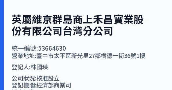 英屬維京群島商上禾昌實業股份有限公司台灣分公司的照片-統編 53664630(臺中市) 公司登記資料與營業項目詳細圖表